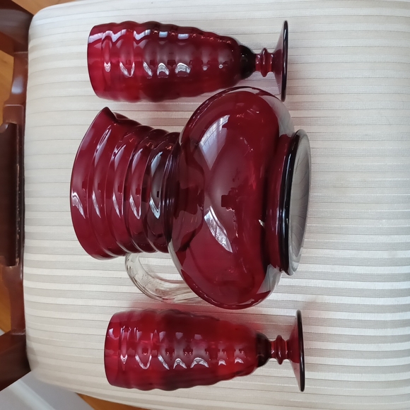 Dining | Vintage Red Glass Pitcher With Clear Glass Applied Handle ...